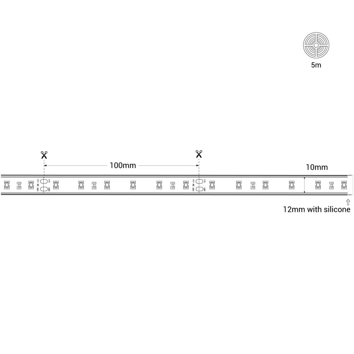 Tira LED 24V DC - 12W/m - Monocolor- 10mm - IP67 - Rollo 5 metros - 60ch/m
