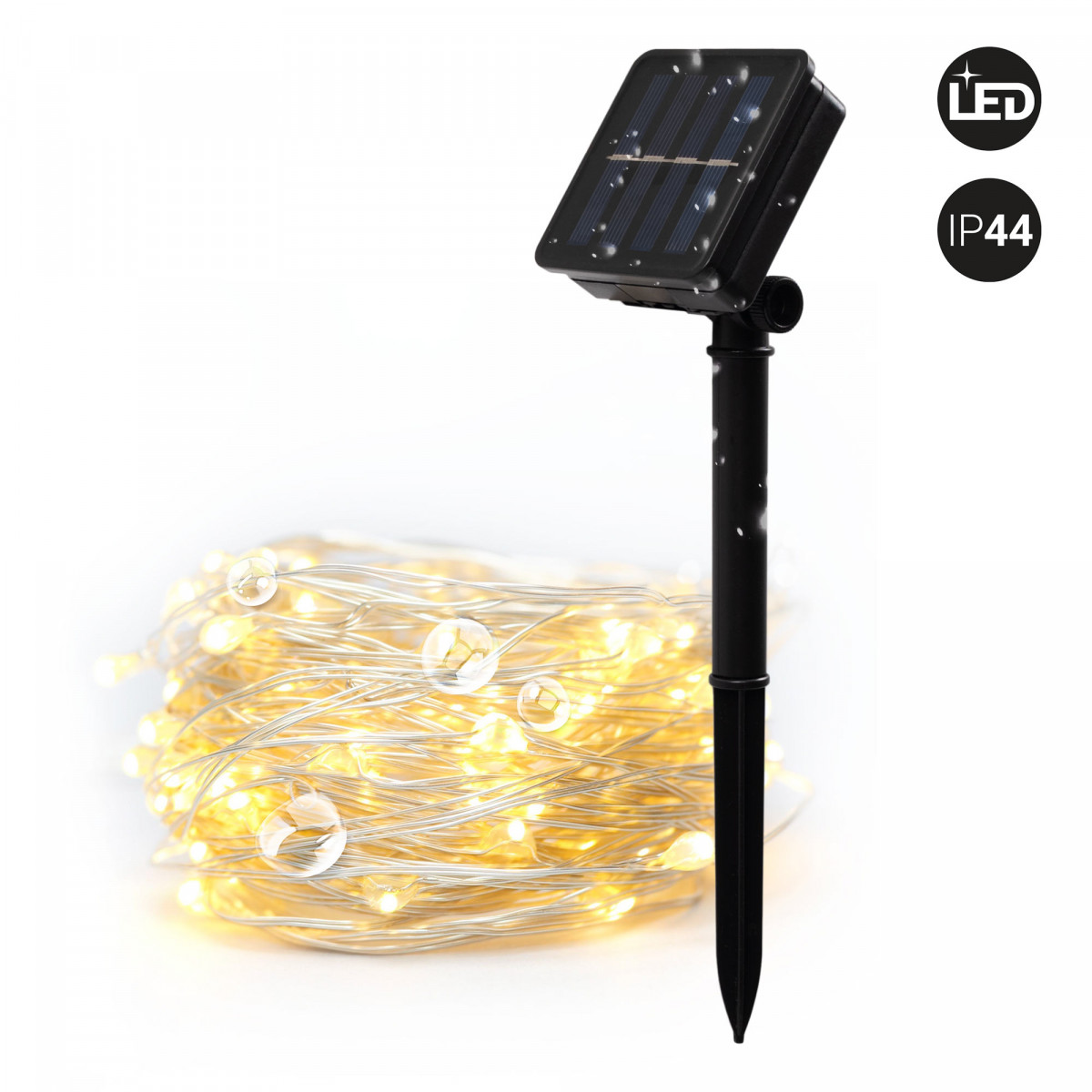 Guirnalda solar en alambre plateado - IP44 - 100 luces - Blanco cálido ...