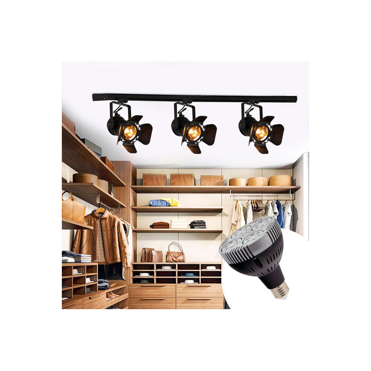 CINEMA" three-phase swivel track spotlight with LED PAR30 E27 Bulb