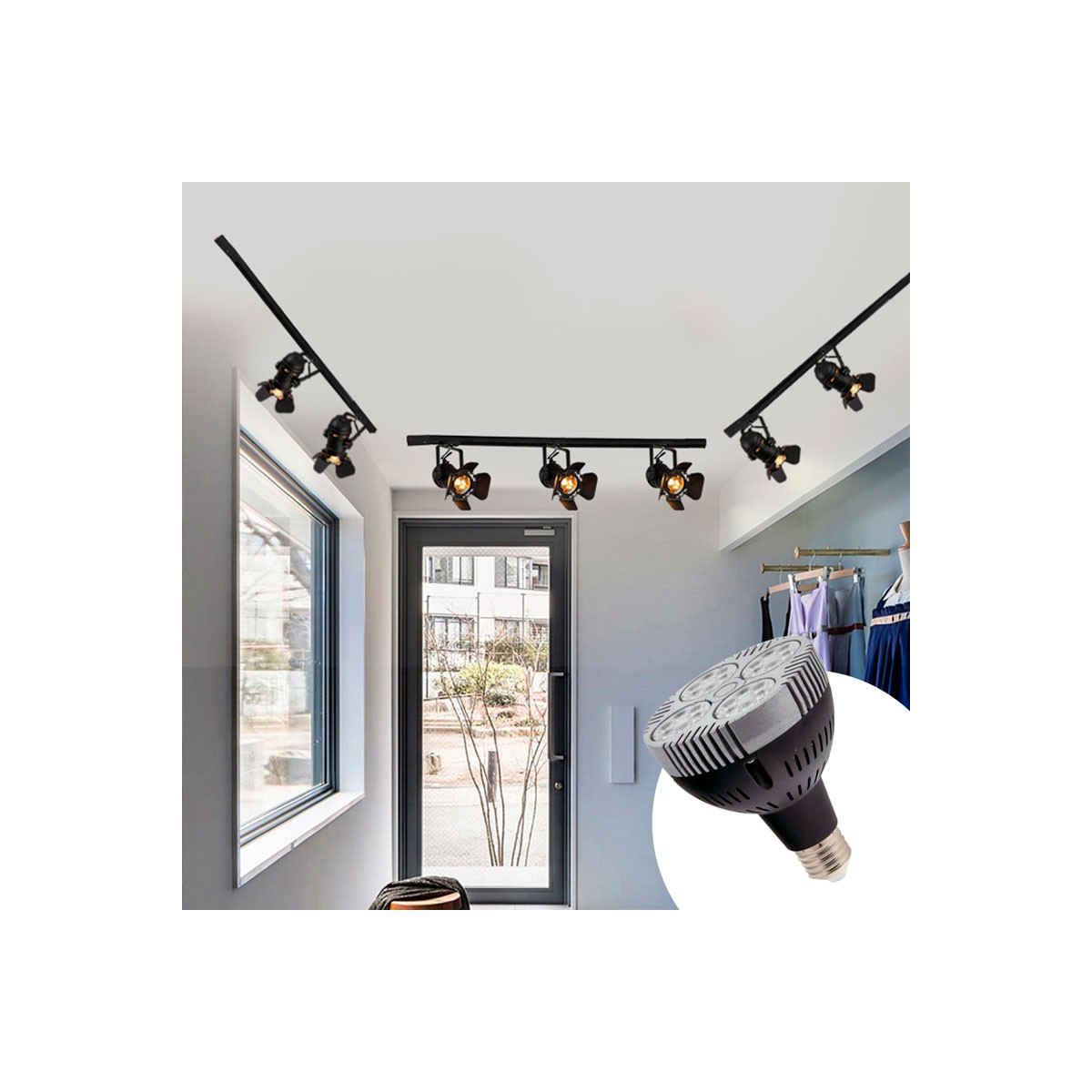 CINEMA" three-phase swivel track spotlight with LED PAR30 E27 Bulb