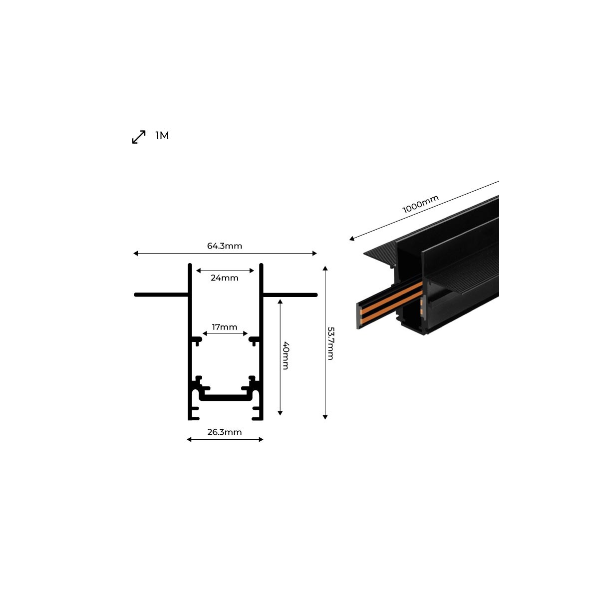 Magnetic rail 20mm recessed 48V - 1 meter
