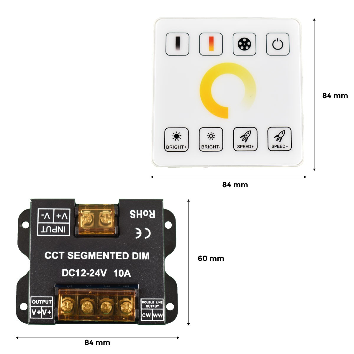 Dual white CCT controller for LED strips with RF touch panel - 5-24V/DC