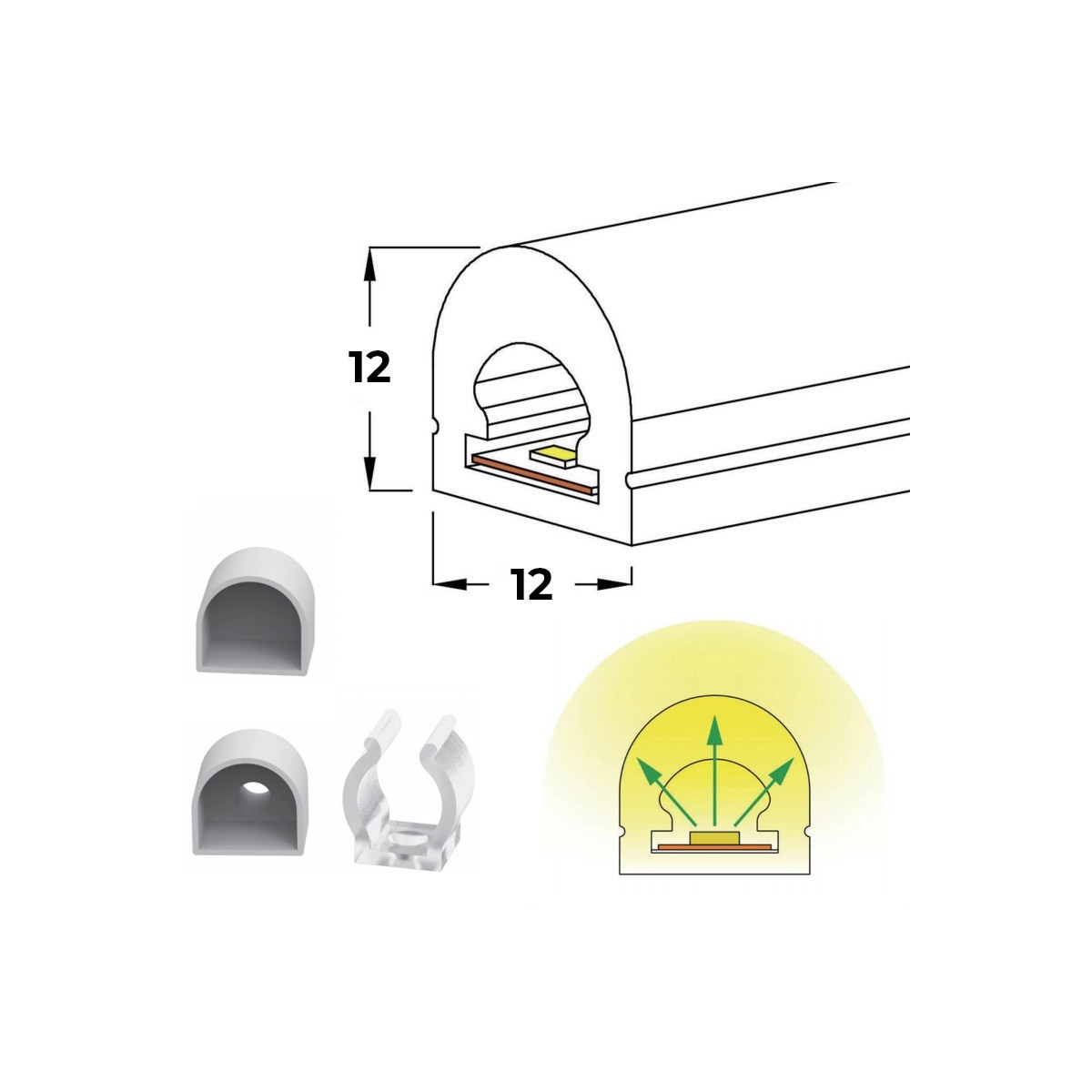 Flexible LED neon 24V DC - 12x12mm - 10 meters - Complete kit - 12W/m ...
