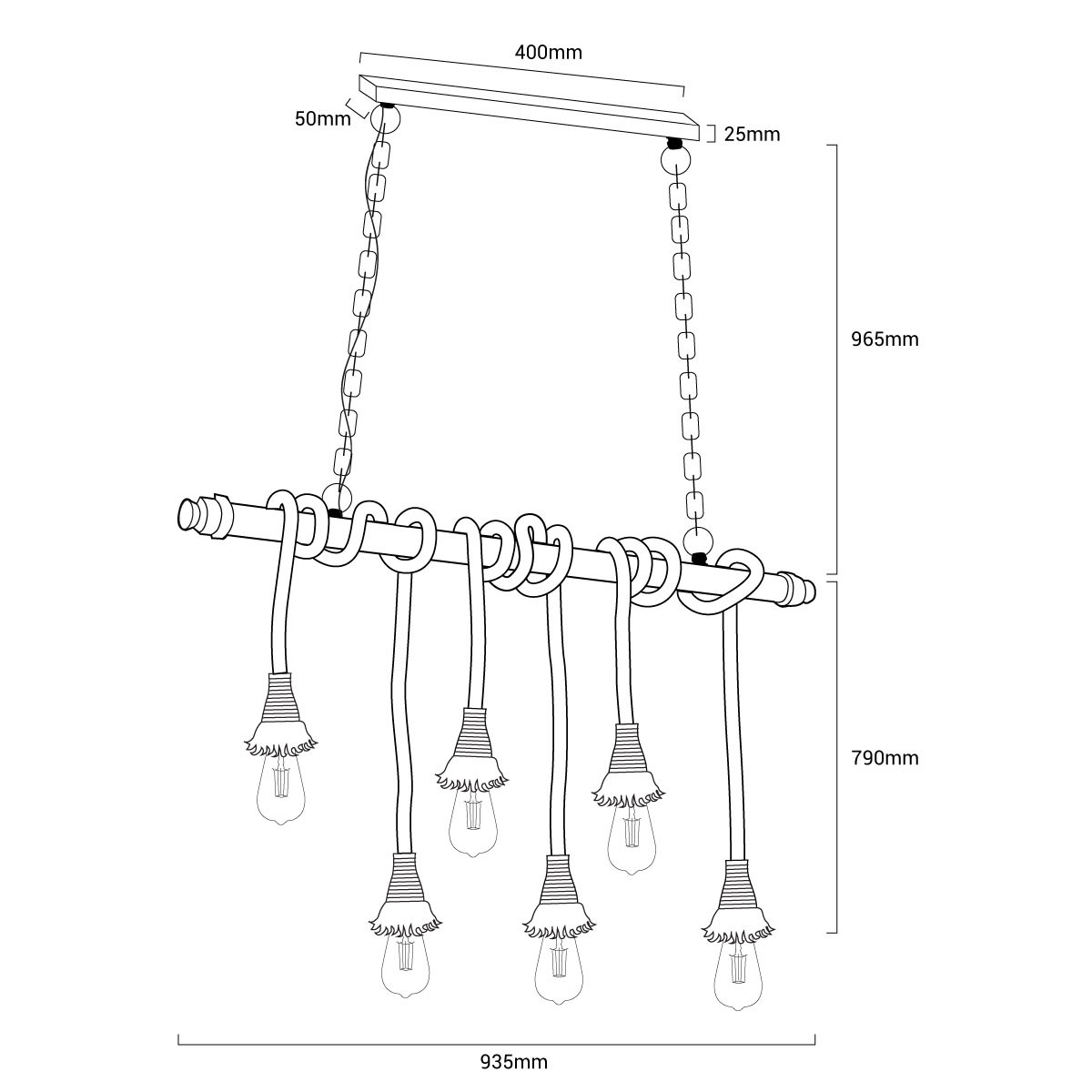 Hemp pipe pendant lamp with 6 hemp ropes