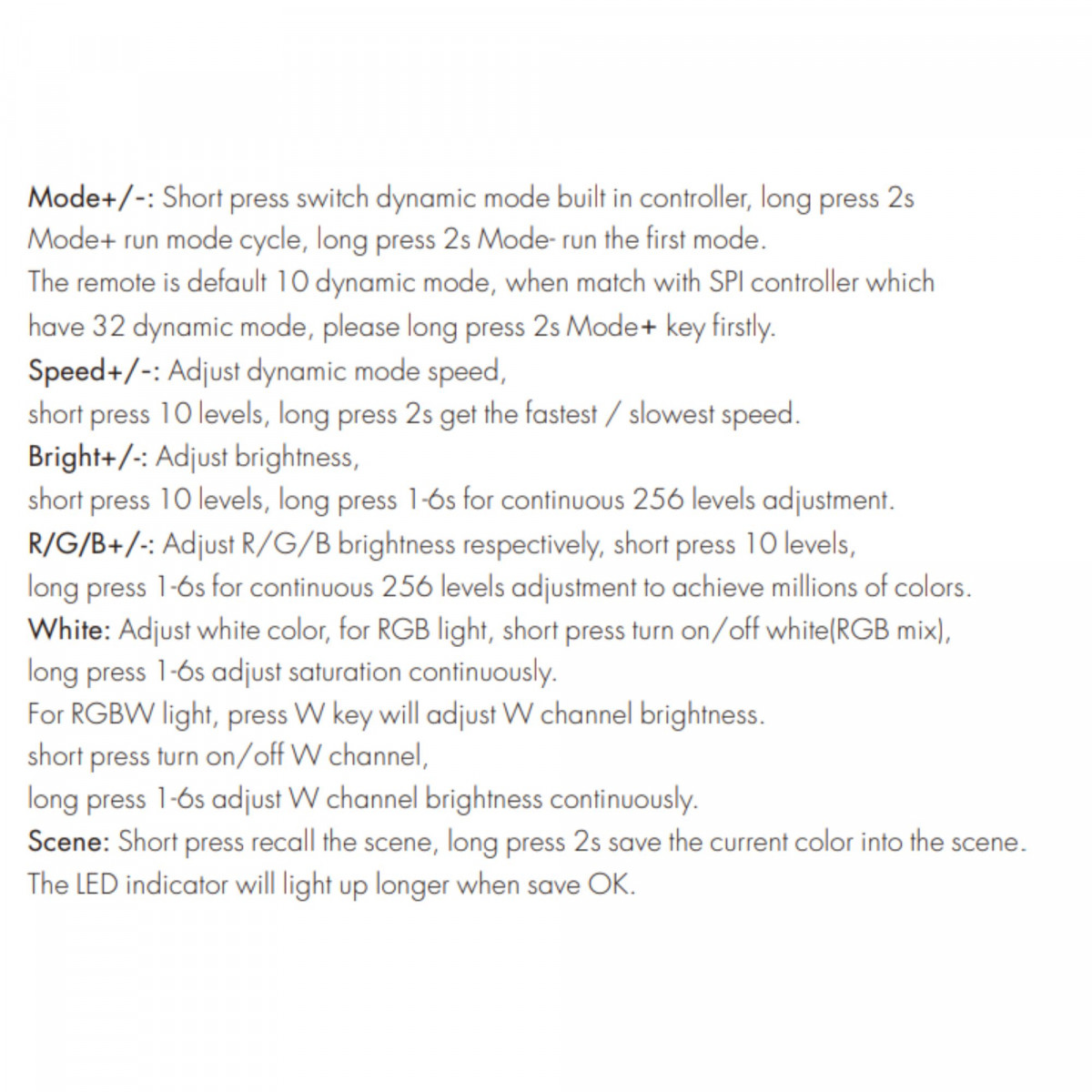 Remote control for IC RGBW SPI LED strip controller - 1 Zone