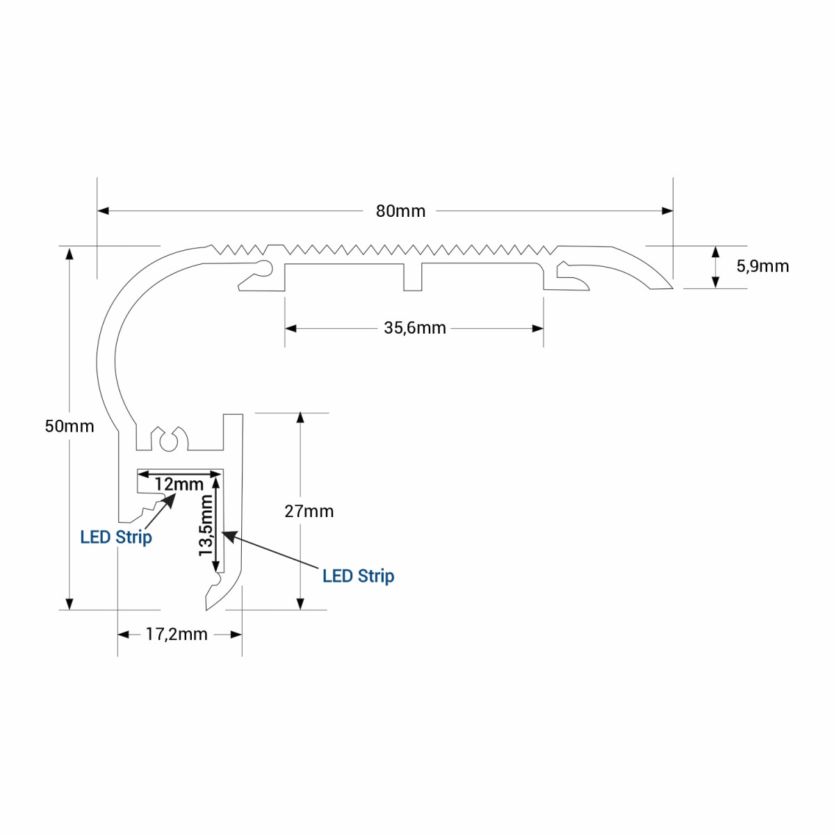 LED strip profile for staircase - 80x50mm - 2 meters