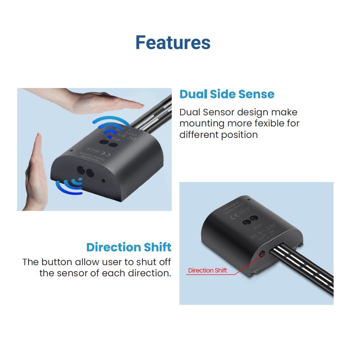 Dual proximity sensor for On/Off and dimming of LED strips
