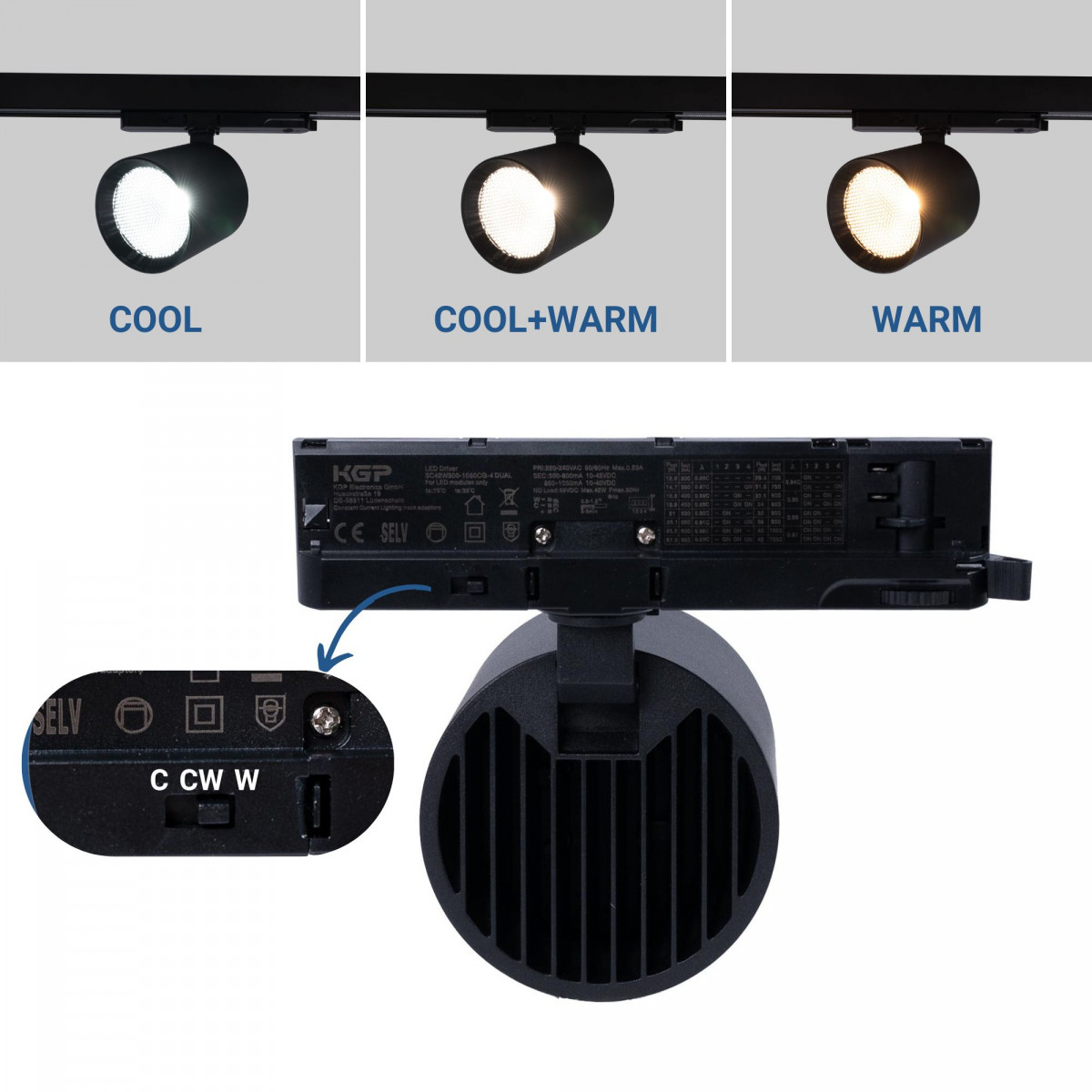 CCT LED 3-phase track spotlight - 40W - Driver KGP - Black