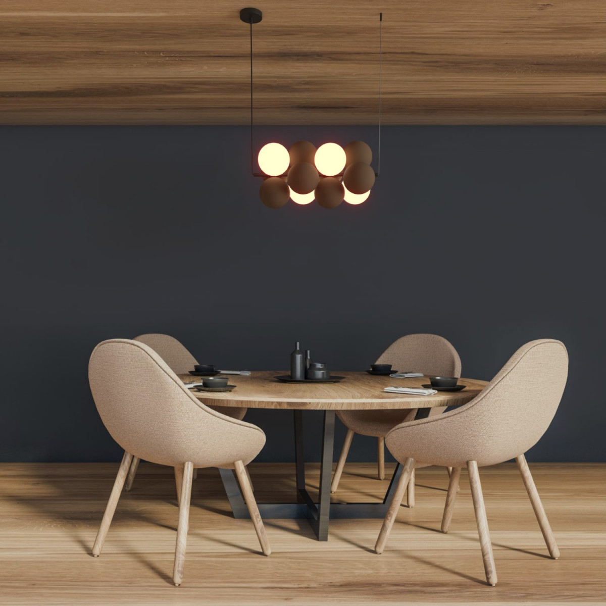 Acoustic pendant lamp -4 luminous spheres /8 sound absorbing