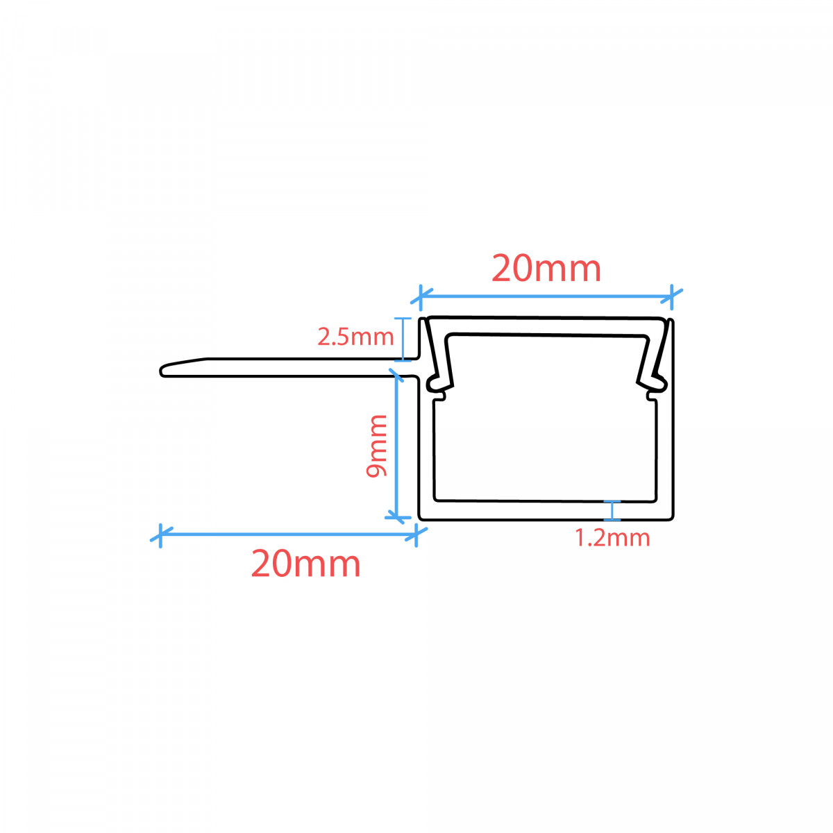 Profile for LED Strip - Trimless - Single flange - 9x20mm